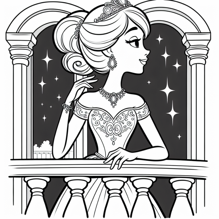 Coloring page of a princess, kind ruler standing on a balcony - Color ...