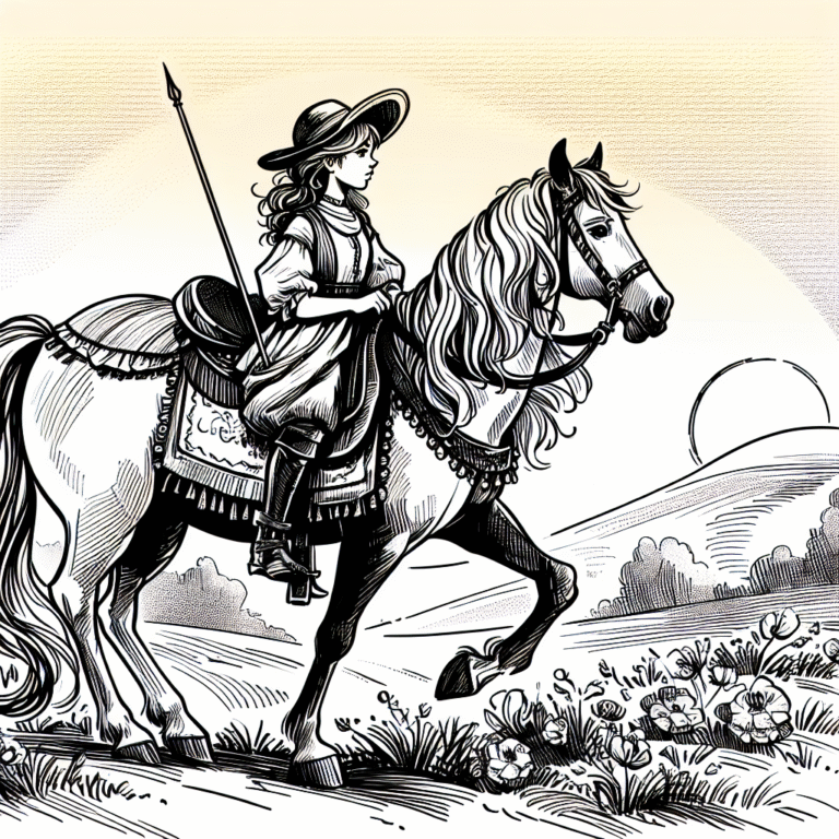 Coloring page of a Shire horse young woman on horseback, village girl ...