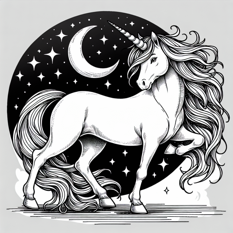 Coloring page of a unicorn, moonlight wanderer leaping over a rainbow ...
