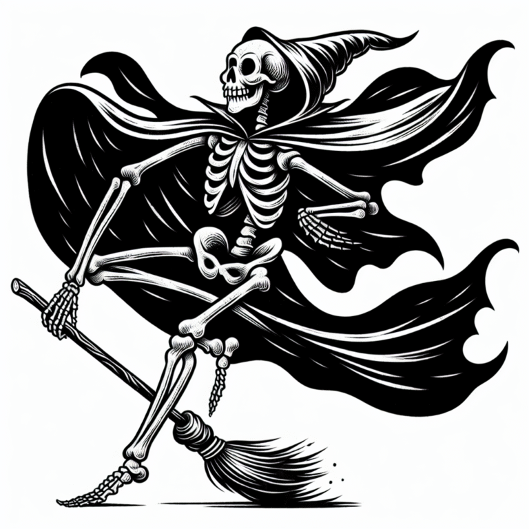 Coloring page of a skeleton dancer, spooky monster flying on a broom ...