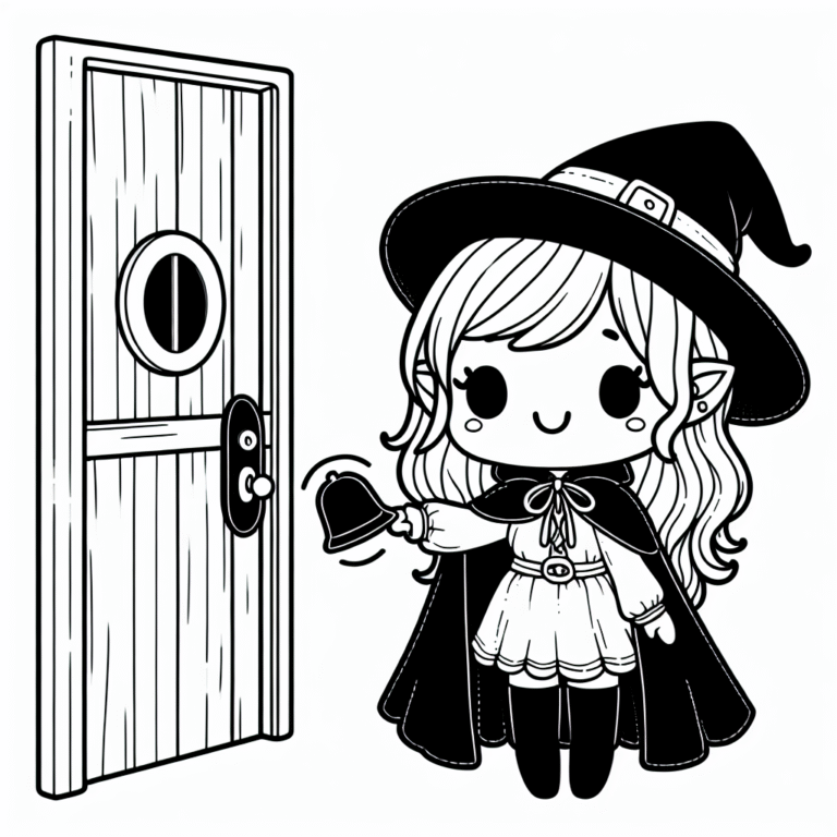 Coloring page of a witch, haunted house dweller ringing a doorbell ...