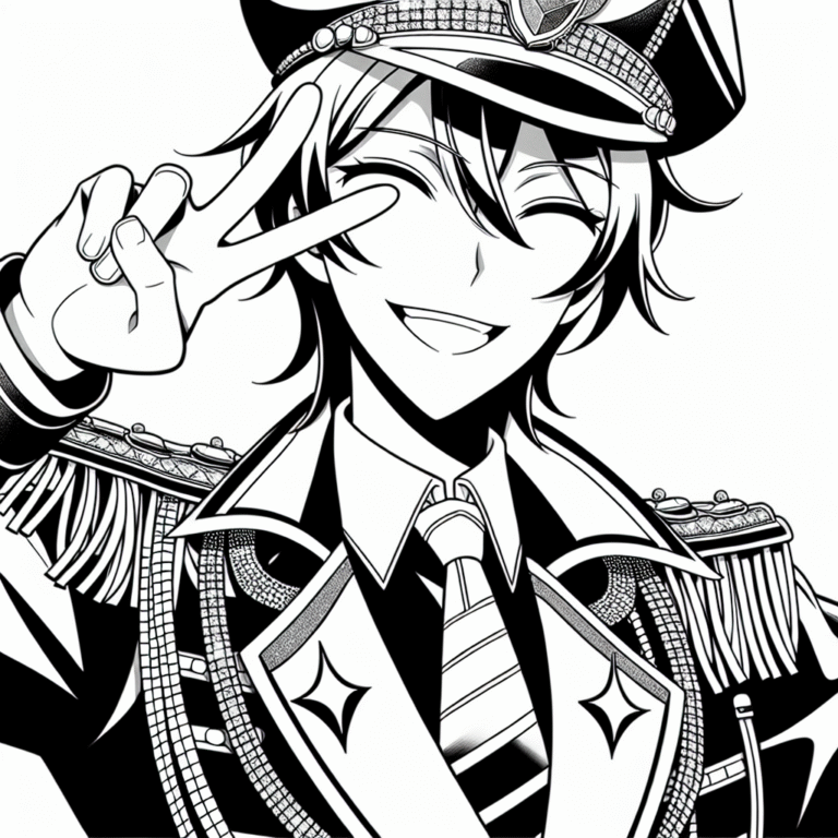 Coloring page of a manga character, leader smiling and making a peace ...